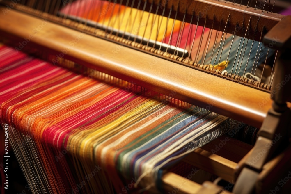 Detailed view of a weaving loom with yarn, suitable for textile ...