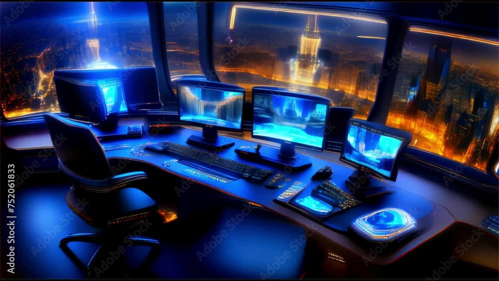 Futuristic Gaming Setup with Blue Neon Lights in a Sci-Fi eSports Arena ...