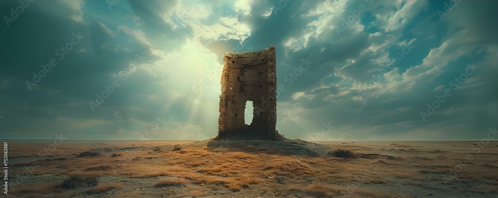 Radiant Divine Light Illuminates Ancient Tower Remains on Desert Hill ...