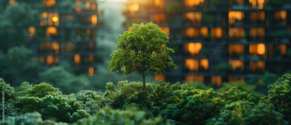 A modern building overlays trees in a forest, abstract modern ...