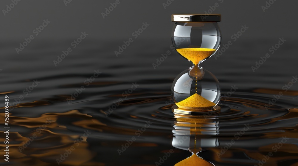 Hourglass placed on water, casting a slight reflection, ideal for a ...
