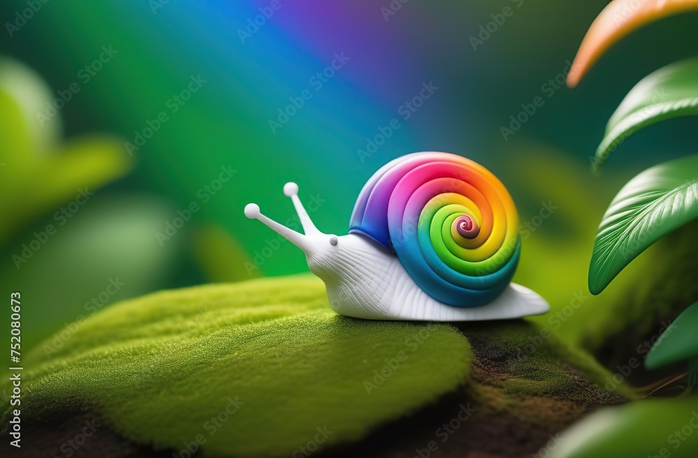 cartoon snail with a rainbow shell, slowly making its way through a ...