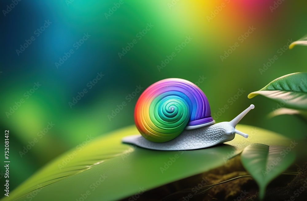 cartoon snail with a rainbow shell, slowly making its way through a ...
