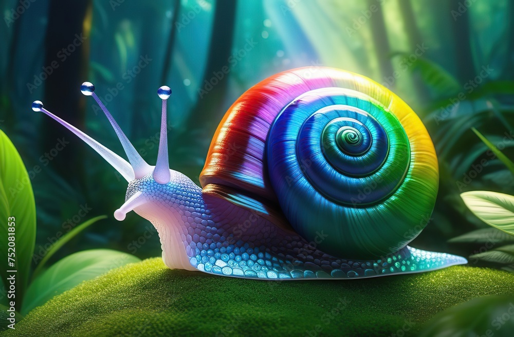 cartoon snail with a rainbow shell, slowly making its way through a ...