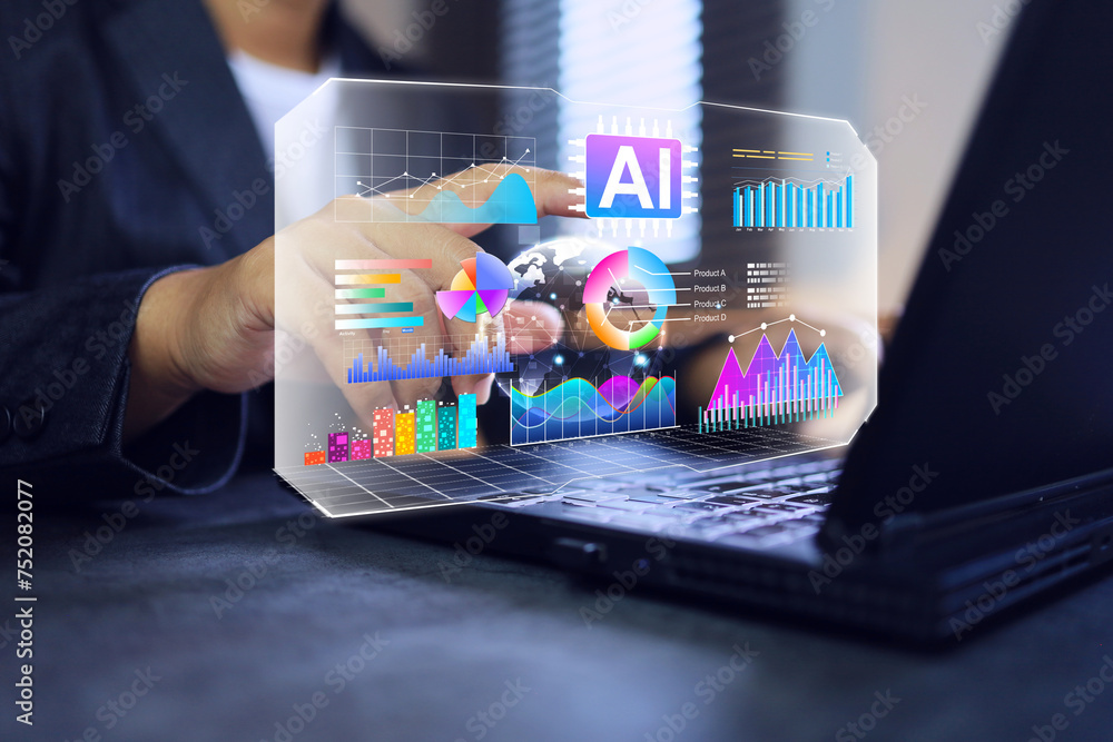 AI analytics concept with businessman pointing to command artificial ...