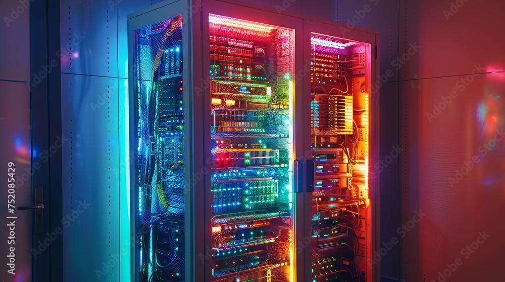 Illuminated server room panel with glowing lights and cables ...