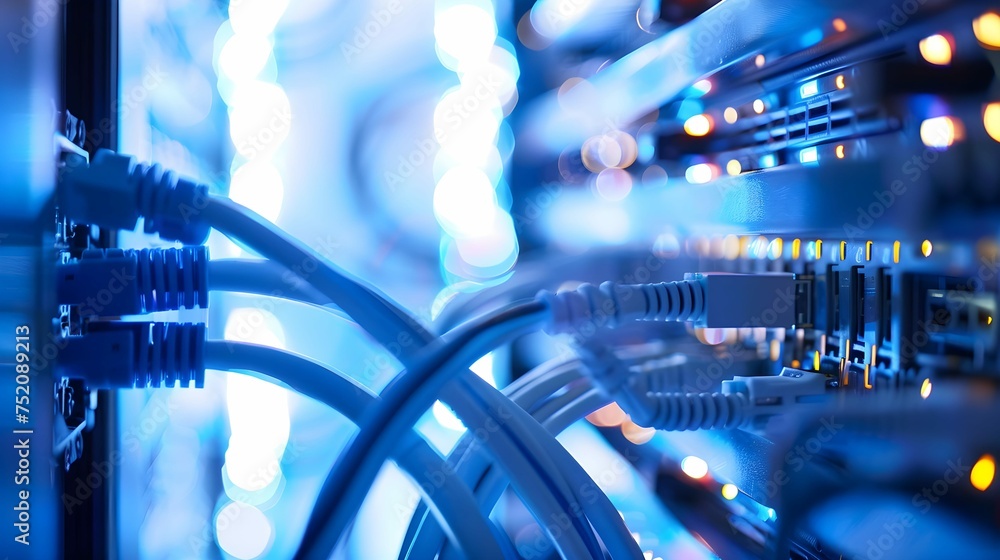 Internet LAN cable In a modern server room For storing and transmitting ...