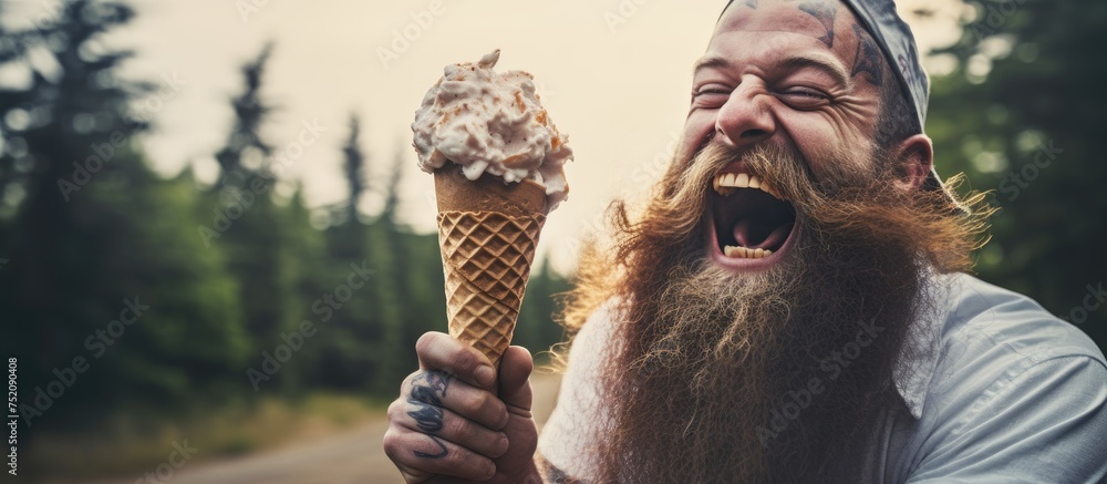 Savoring the Sweetness: Bearded Man Indulging in a Delicious Ice Cream ...
