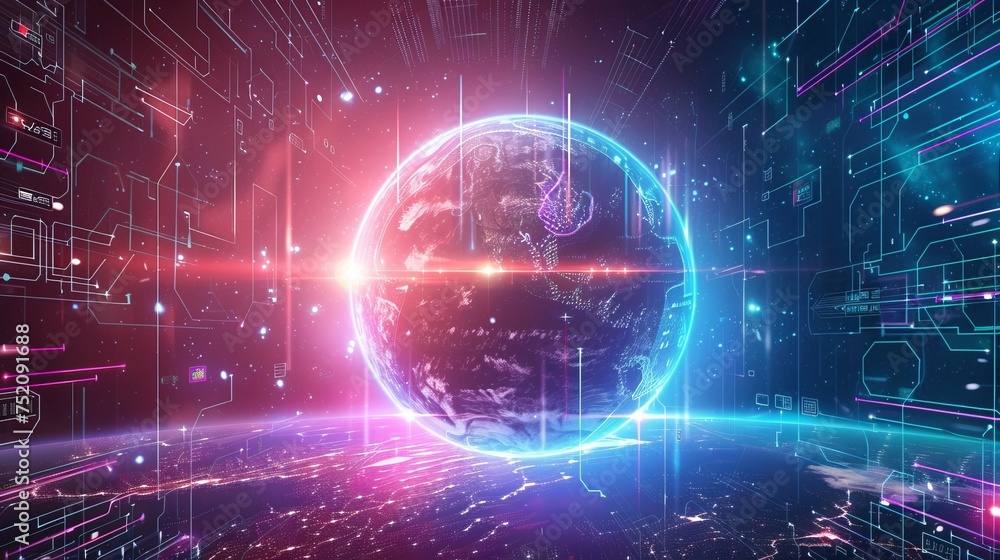 Futuristic neon cyber space background with global world design ...