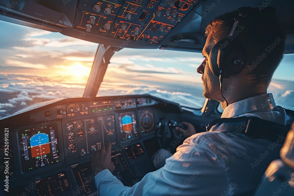 professional pilot sitting in a cockpit controlling the plane Stock ...
