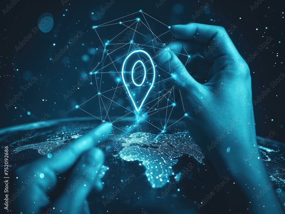 Future map, digital hands holding map location pin, image in dark blue ...