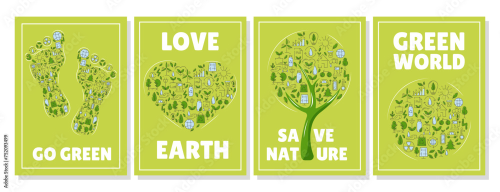 Set of ecology posters, green eco friendly tree, heart, footprint ...