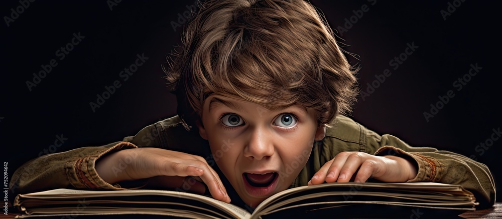 Curious Young Boy Engrossed in Reading a Mockery Book with Intriguing ...