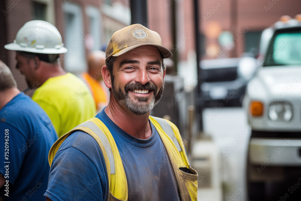 Men public works worker smiling at work. Working man. Public works job ...