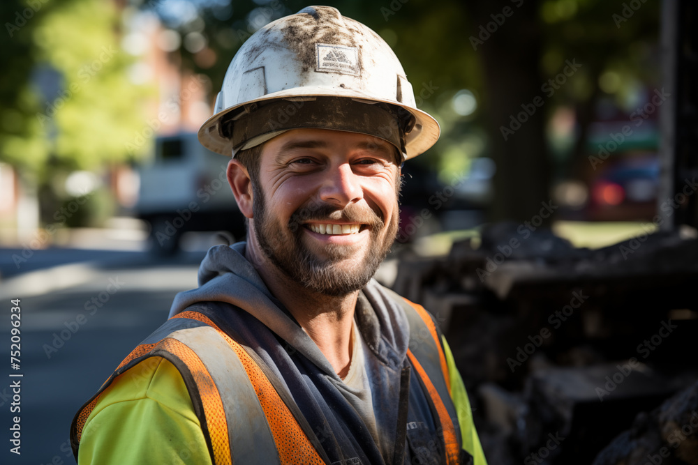 Men public works worker smiling at work. Working man. Public works job ...