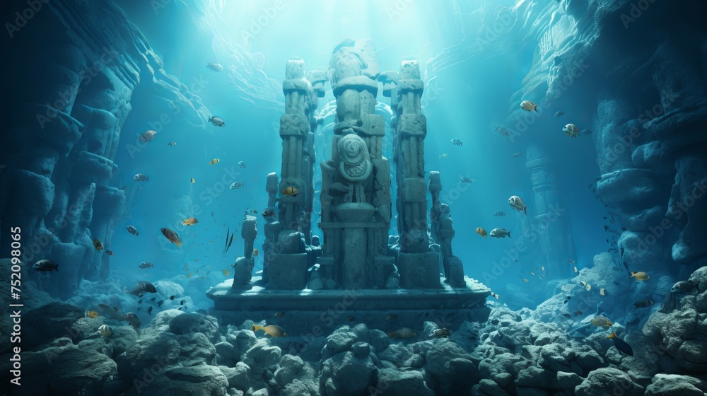 A mythical 3D depiction of an ancient underwater monument dedicated to ...