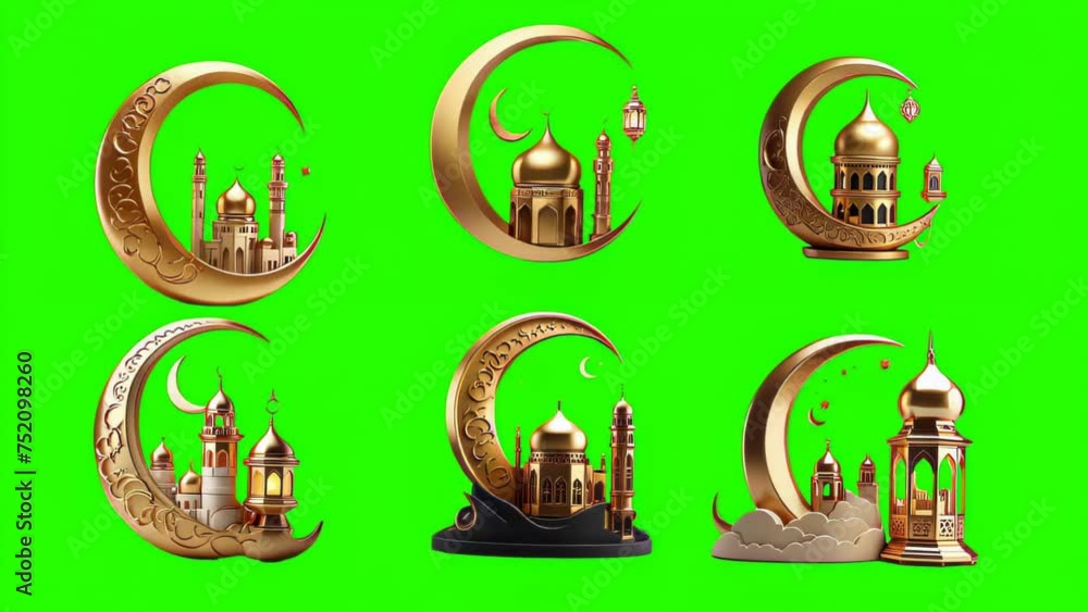 Ramadan icon animation video, six golden crescent moons, each ...