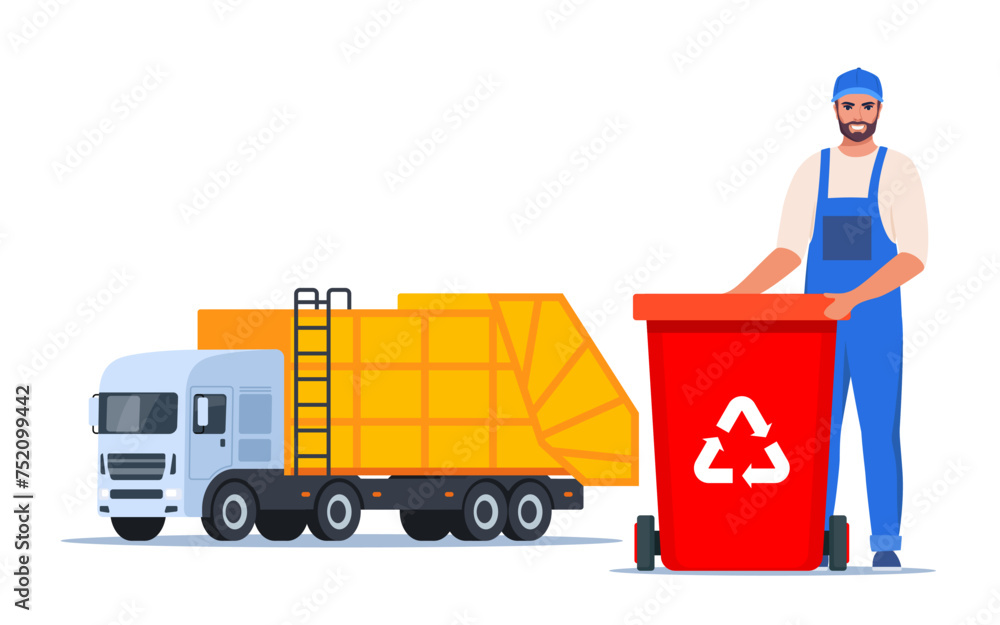 Garbage man in uniform with trash bin and recycling symbol on it ...