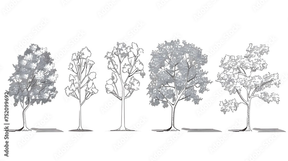 Minimal style cad tree line drawing, Side view, set of graphics trees ...