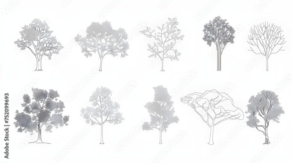 Minimal style cad tree line drawing, Side view, set of graphics trees ...
