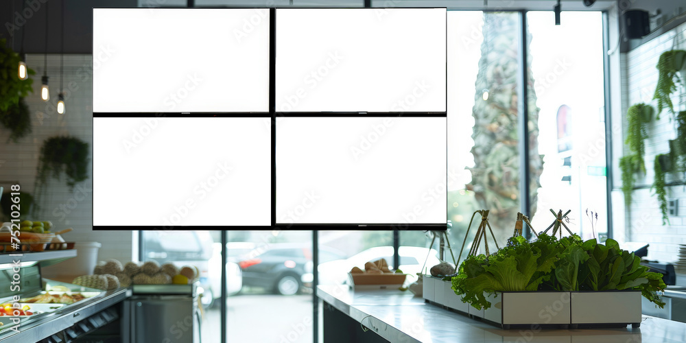 a restaurant with white blank screen banners,Mock up screen display ...
