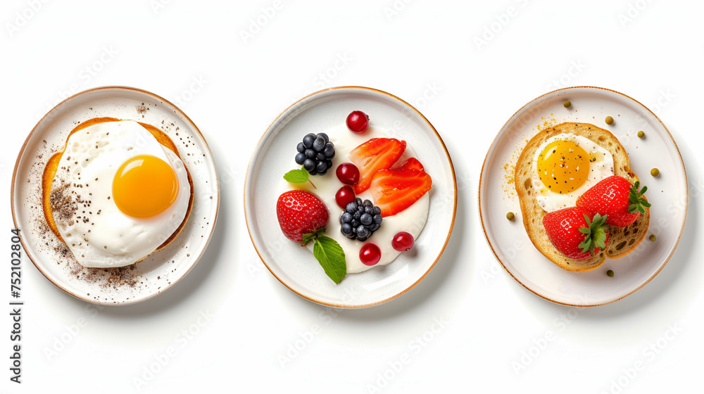 Collage set of different types of breakfasts: fried eggs, yogurt with ...