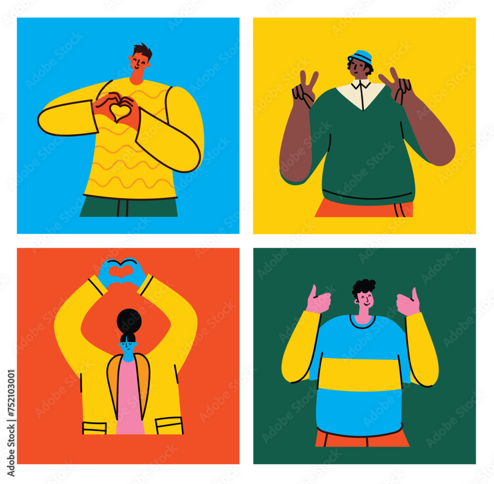 Happy positive people. Man and woman team gesturing with hands, fingers ...