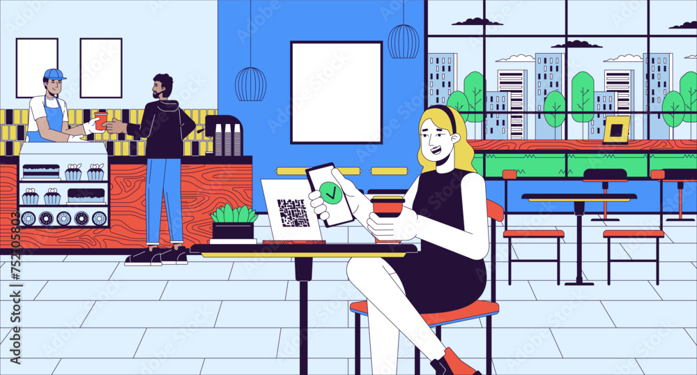 Checking menu with qr code scan cartoon flat illustration. Diverse ...