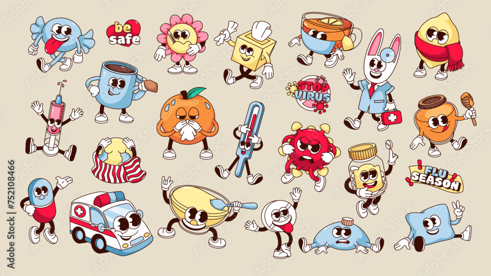 Groovy cartoon characters, text stickers set for cold and flu treatment ...