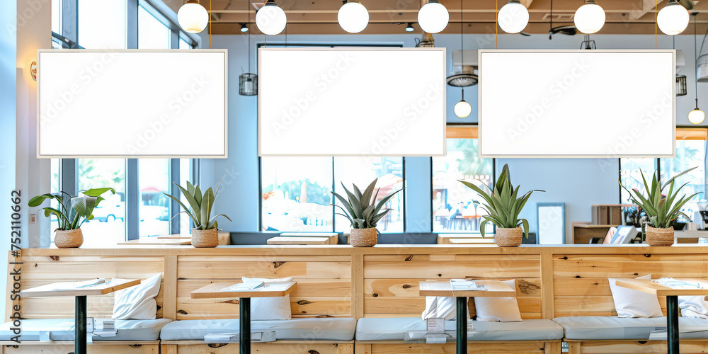 a restaurant with white blank screen banners,Mock up screen display ...