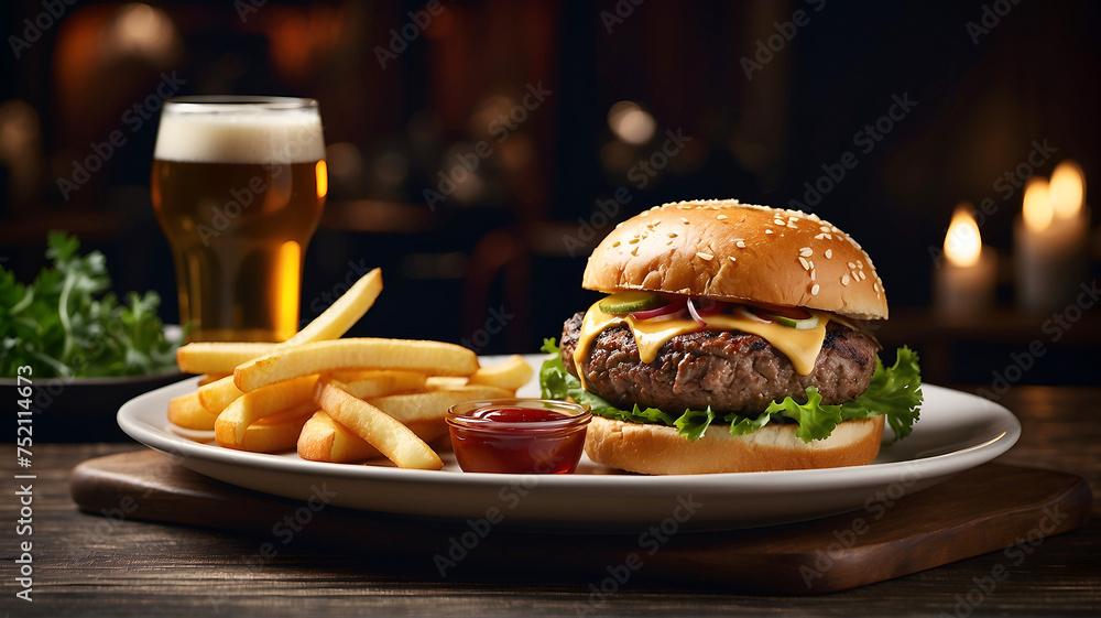 Un burger gourmet avec des frites, des tomates, du fromage, de la ...