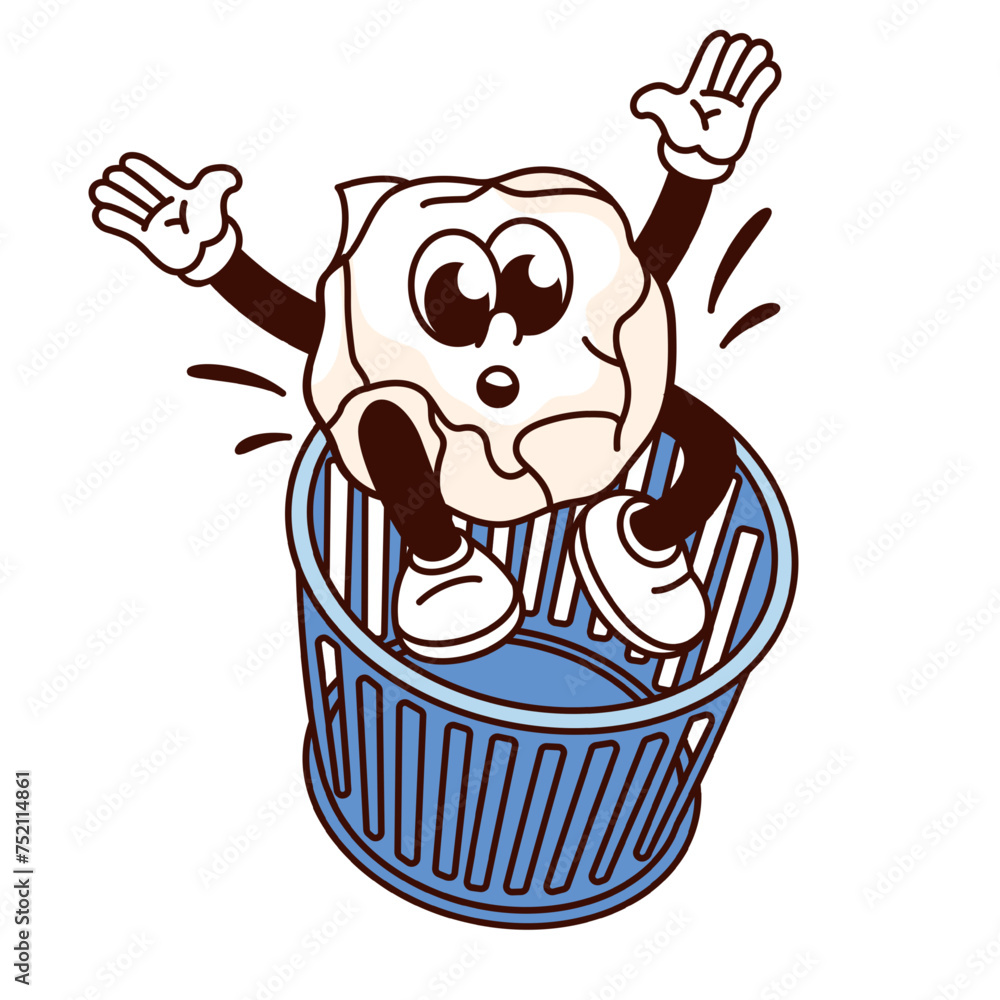 Groovy crumpled paper ball cartoon character falling into trash bin ...