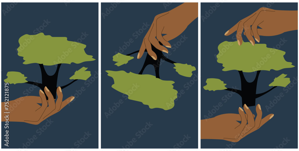 Card design with Baobab in hand. Postcard with Symbol Africa. Set ...