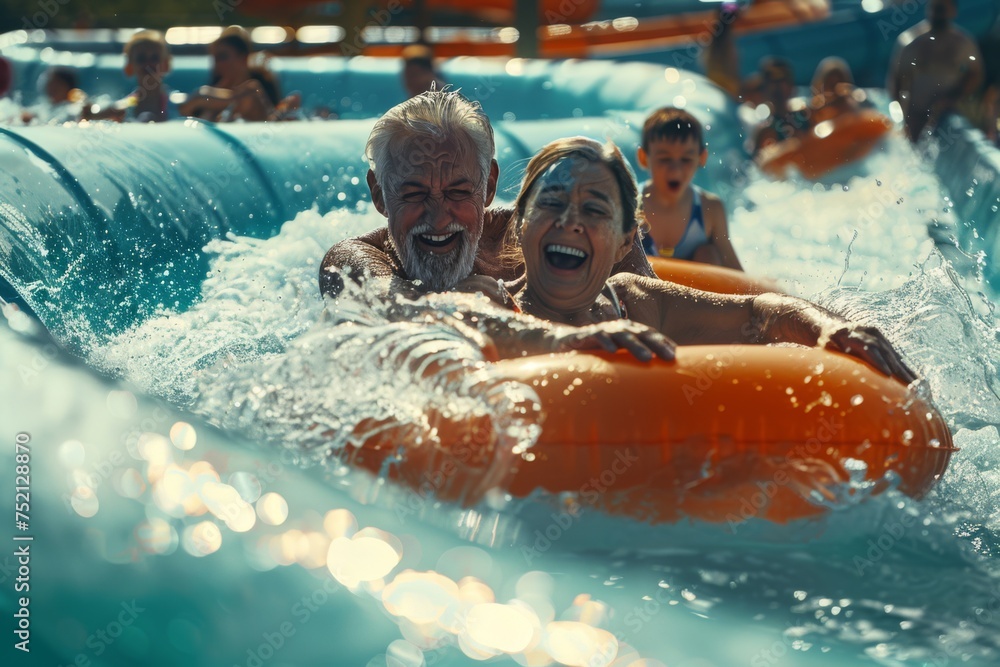 Carefree elderly couple laughing as they glide down a waterslide on ...