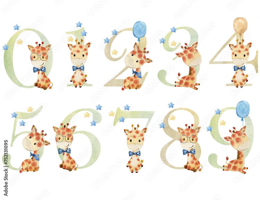 Watercolor numbers with giraffes for invitation card, nursery poster ...