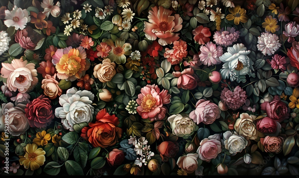 A colorful rococo style wall made of flowers background. Artistic ...