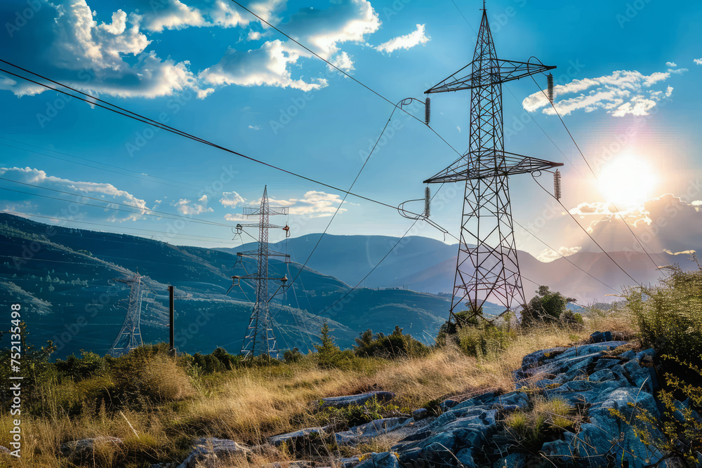 High voltage power lines stretch across a scenic mountain landscape ...