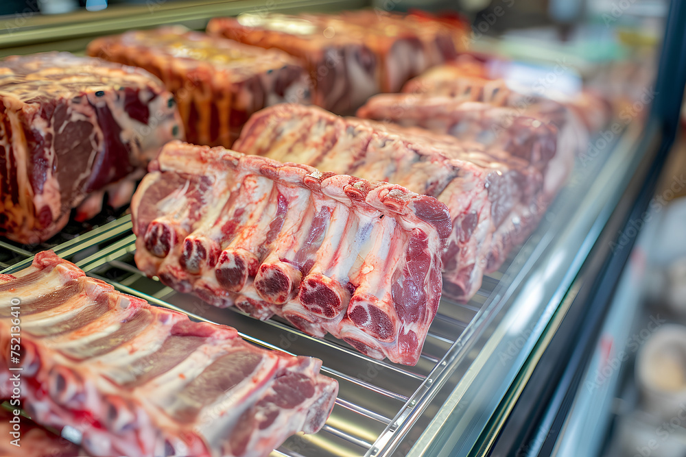 Slabs of raw pork ribs arranged in refrigerated butchery shop display ...