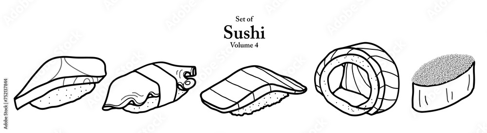 A series of sushi in cute hand drawn style. Set of 5 sushi in black ...