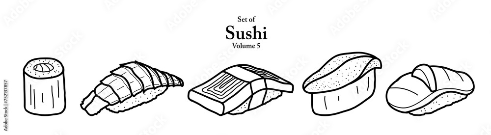A series of sushi in cute hand drawn style. Set of 5 sushi in black ...