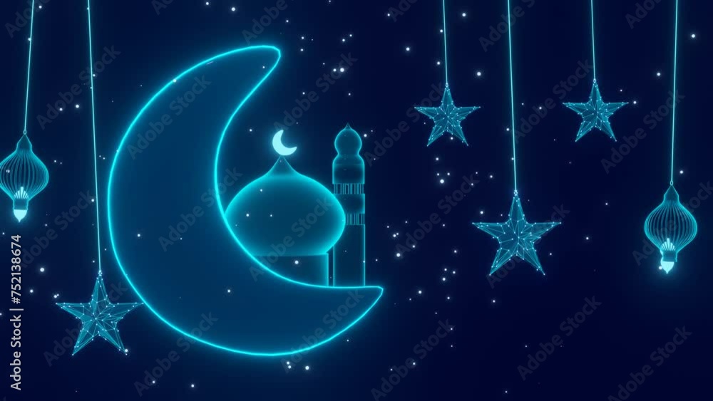 Islamic background animation with crescent moon , mosque, hanging stars ...