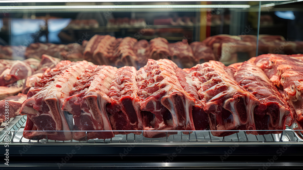 Slabs of raw pork ribs arranged in refrigerated butchery shop display ...