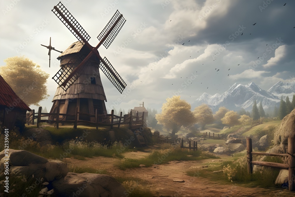 Rustic Windmill Landscape: A classic windmill standing tall in a ...
