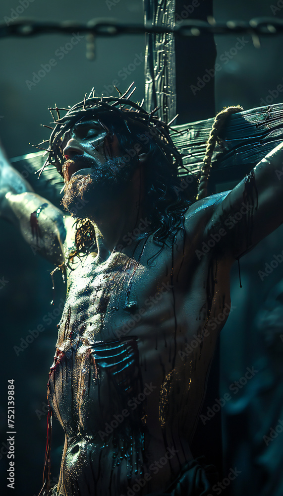 Vertical recreation of the pain of crucifixion of Jesus Christ Stock ...