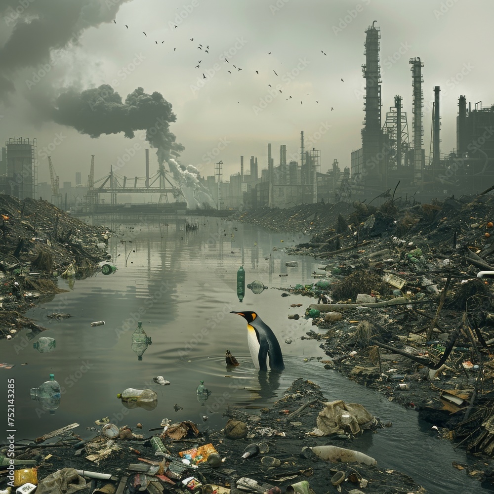 Surreal scene of a penguin rowing a bottle in trashfilled waters a ...