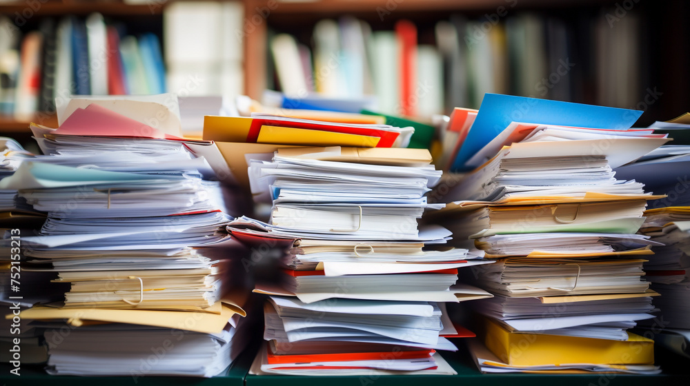 Piles of Paper documents on office desk. Stacks of assorted paper ...