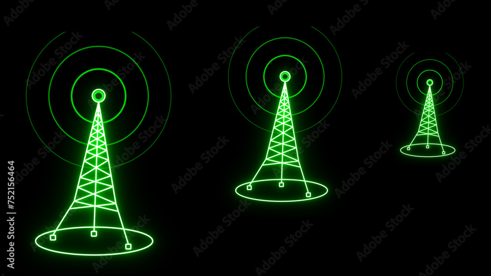 Green neon three wireless towers with radio waves on a black background ...