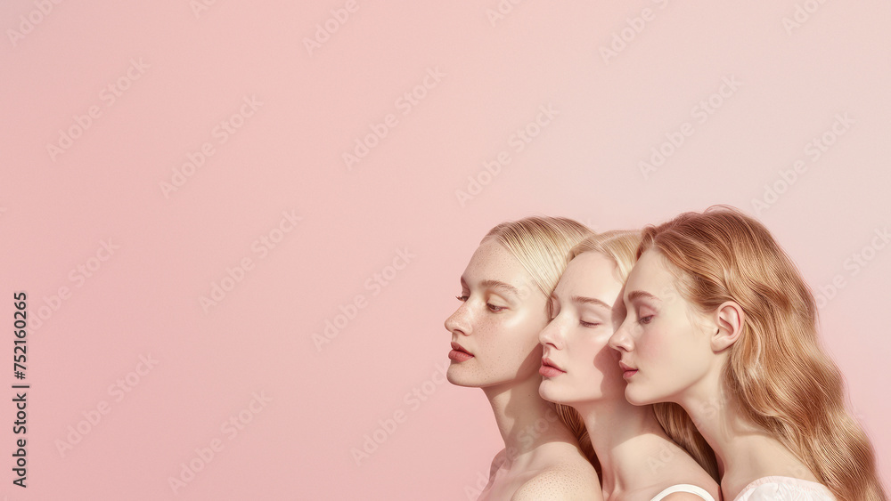 Three women with soft expressions and a focus on their side profiles ...