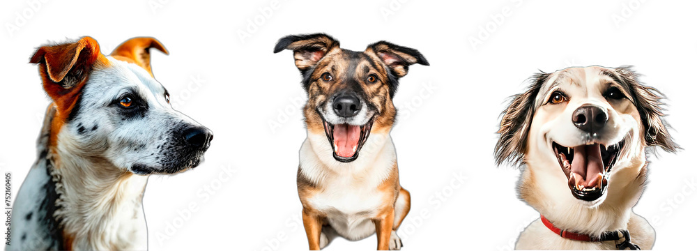 Dogs isolated on white. Three cheerful dogs of varying breeds and ...