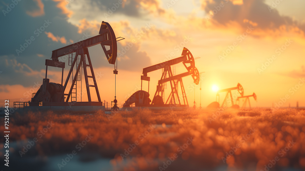 A group of old Sucker Rod oil pumps pumping crude oils on an onshore ...